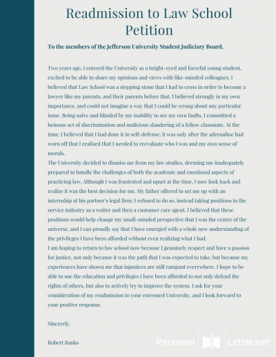 Our Exceptional Petition for Readmission Sample Letter