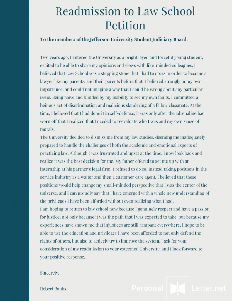 Our Exceptional Petition for Readmission Sample Letter
